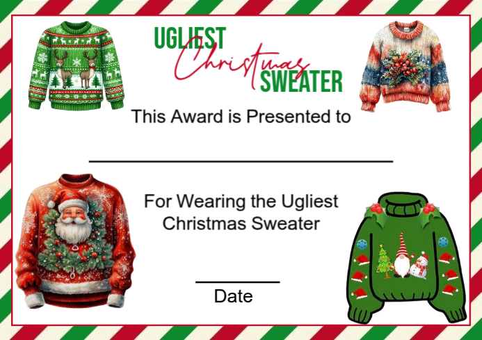 White Illustrative Ugly Sweater Christmas Certificate A4 Template ...