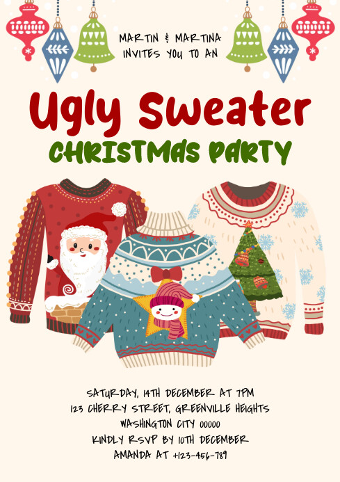 Plantilla de White Illustrative Ugly Sweater Party Invitat | PosterMyWall