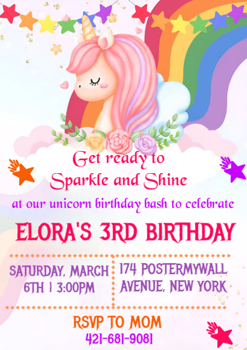 White Illustrative Unicorn Birthday Party Invitation Flyer A4 Template ...
