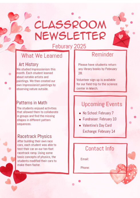 White Illustrative Valentine's Day Education Newsletter In Red Pink And ...