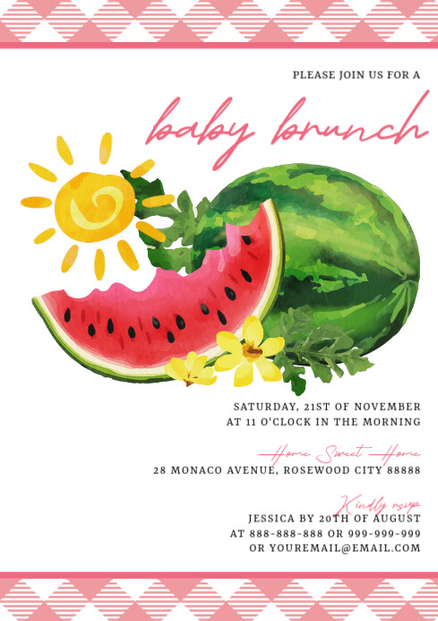 White Illustrative Watermelon Baby Shower Inv Template | PosterMyWall