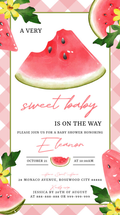 White Illustrative Watermelon Baby Shower Inv Template | PosterMyWall