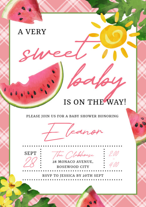White Illustrative Watermelon Baby Shower Inv Template | PosterMyWall