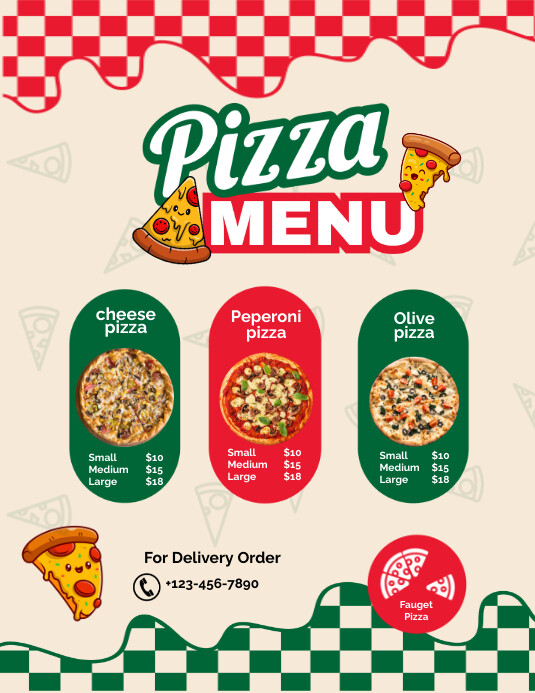 Plantilla de White Ilustratif Pizza Menu Pamflet (letter A | PosterMyWall