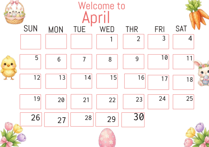 White Joyful April Calendar A4 Template | PosterMyWall