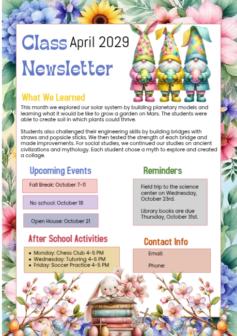 White Joyful april Classroom Newsletter A4 Template | PosterMyWall