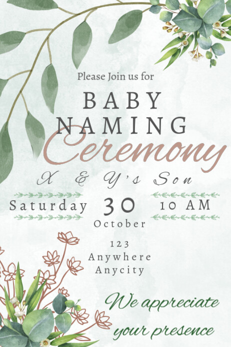 White Joyful Baby Naming Ceremony Invitation Poster Template | PosterMyWall