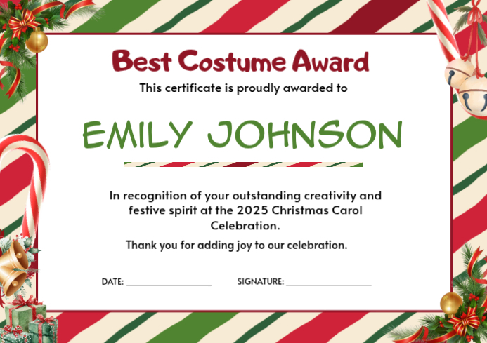 White Joyful Best Costume Award Certificate A4 Template | PosterMyWall