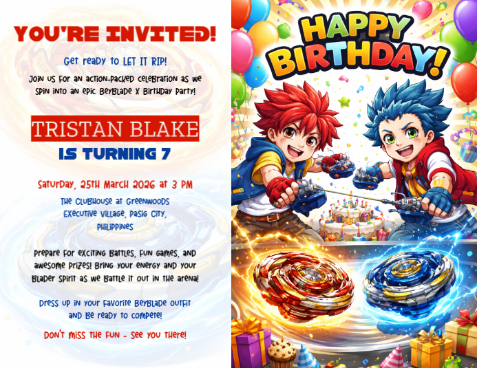 White Joyful Beyblade Birthday Party Flyer Template | PosterMyWall