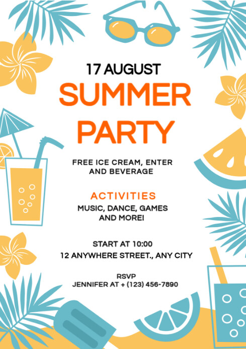 White Joyful Blue Yellow Modern Simple Illustration Summer Party ...