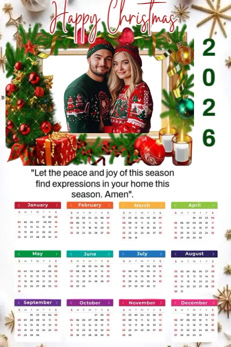 White Joyful Calendar 2026 And Christmas Photo Frame Poster Template ...