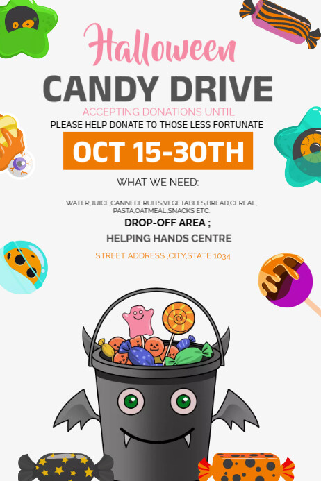 White Joyful Candy Drive Poster Template | PosterMyWall