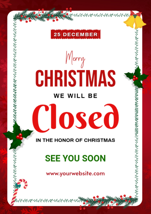 White Joyful Christmas Closed Sign A4 Template | PosterMyWall