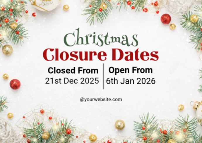 White Joyful Christmas Closure Dates Postcard Template | PosterMyWall