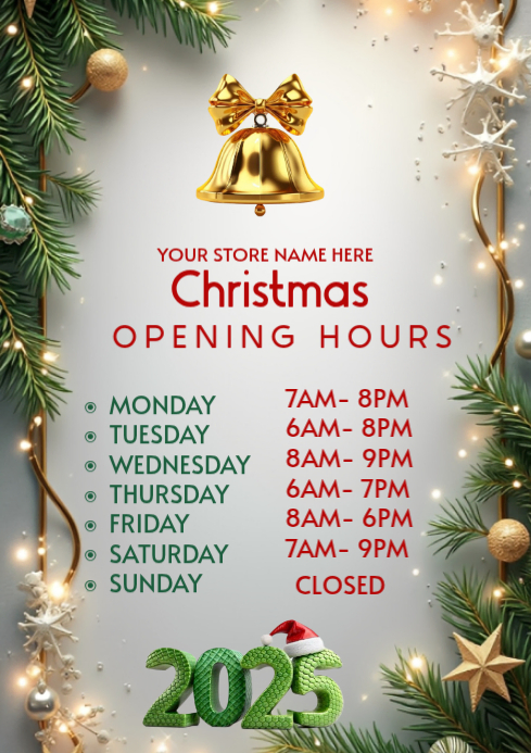 White Joyful Christmas Opening Hours Flyer Design A4 Template ...
