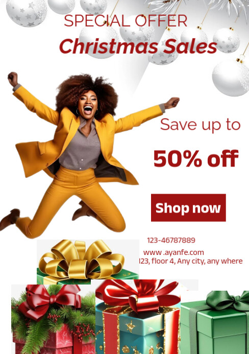 White Joyful Christmas Sales Up To 50% Off A5 Template | PosterMyWall