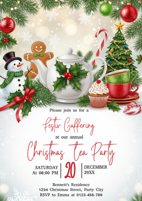 White Joyful Christmas Tea Party Invitation A4 Template | PosterMyWall
