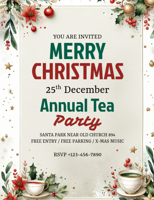 White Joyful Christmas Tea Party Invitation Flyer (us Letter) Template ...