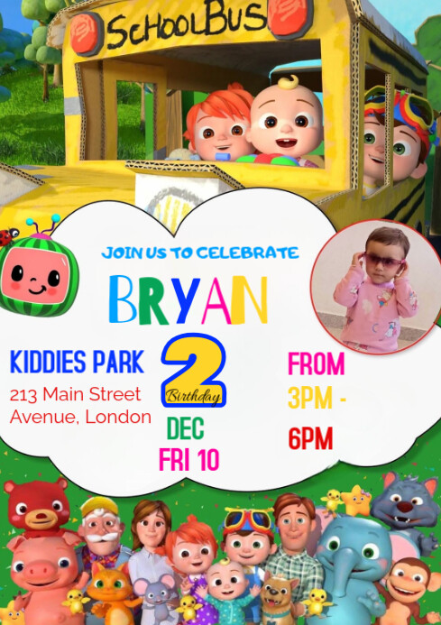 White Joyful Coco Melon Birthday Party Invitation Flyer A4 Template ...