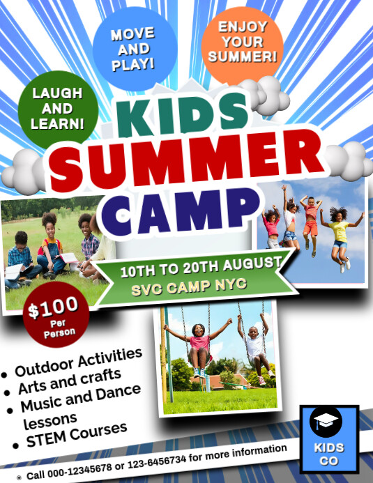 Modèle White Joyful Colorful Kids Summer Camp Flyer Template | Editable ...