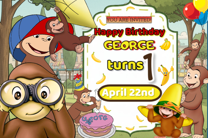 White Joyful Curious George Birthday Banner 4' × 6' Template | PosterMyWall