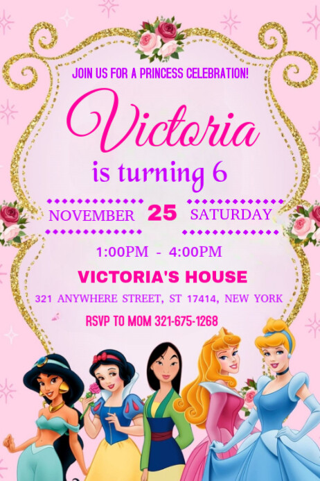 White Joyful Disney Princess Birthday Party Invitation Poster Template ...