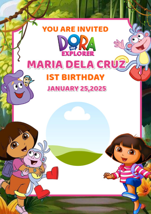 White Joyful Dora The Explorer Birthday Invatation A4 Template ...