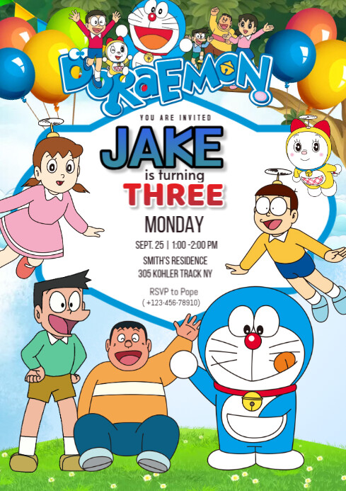 Plantilla de White Joyful Doraemon Birthday A4 | PosterMyWall