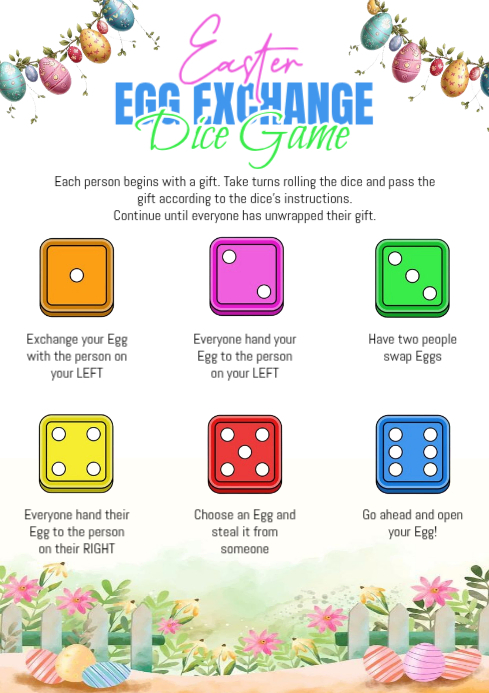 White joyful easter egg exchange dice game a4 Template | PosterMyWall