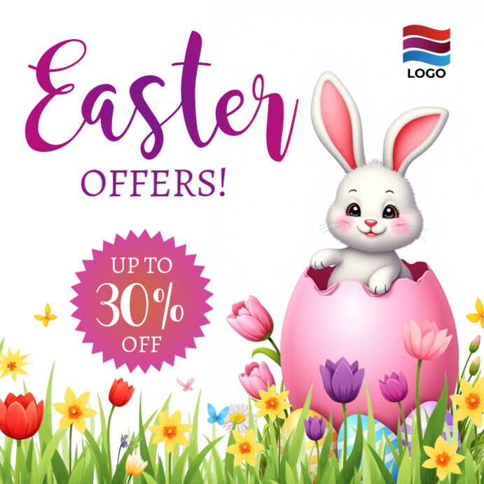 Plantilla de White Joyful Easter Offers Flyer With Bunny And Eggs And Flowers Illustration ...