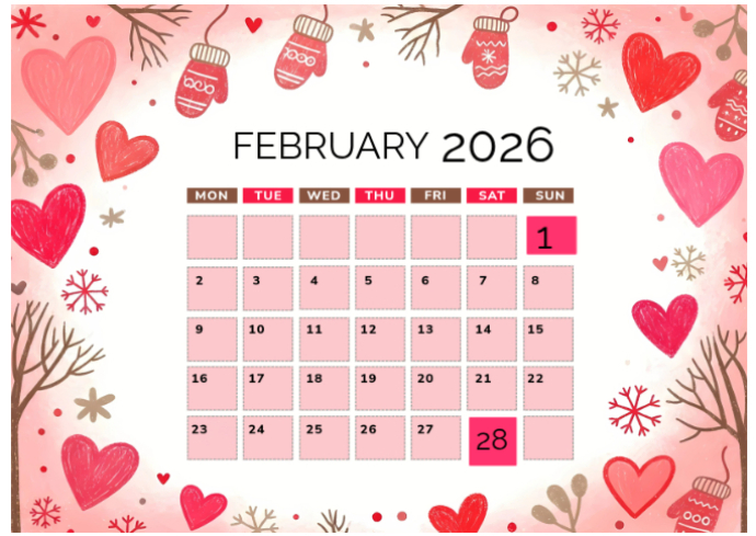 Plantilla de White Joyful February Calendar 2026 Calendar Template ...