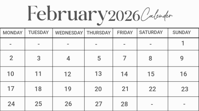 White Joyful February Calender 2026 Digital Display (16:9) Template ...