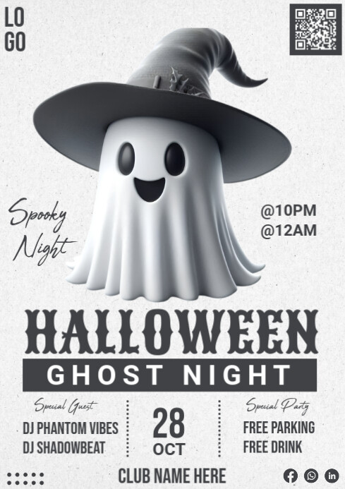 White Joyful Halloween Ghost Night A4 Template | PosterMyWall