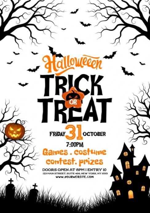 White Joyful Halloween Trick Or Treat Design Template A4 | PosterMyWall
