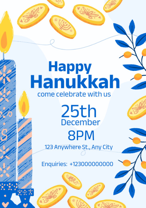 White Joyful Hanukkah Invitation A5 Template | PosterMyWall