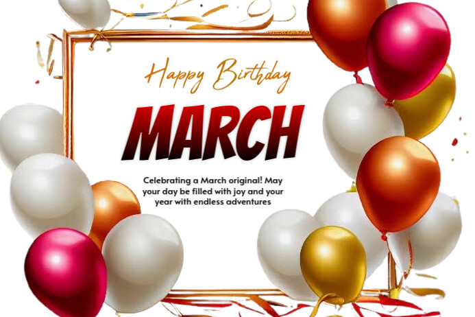 White Joyful Happy Birthday March Label Template | PosterMyWall