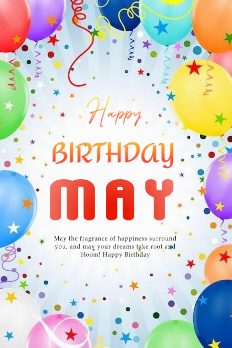 White Joyful Happy Birthday May Poster Template | PosterMyWall