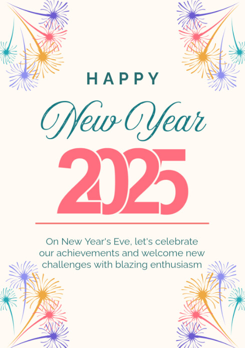 White Joyful Happy New Year 2025 Wishes A4 Template | PosterMyWall