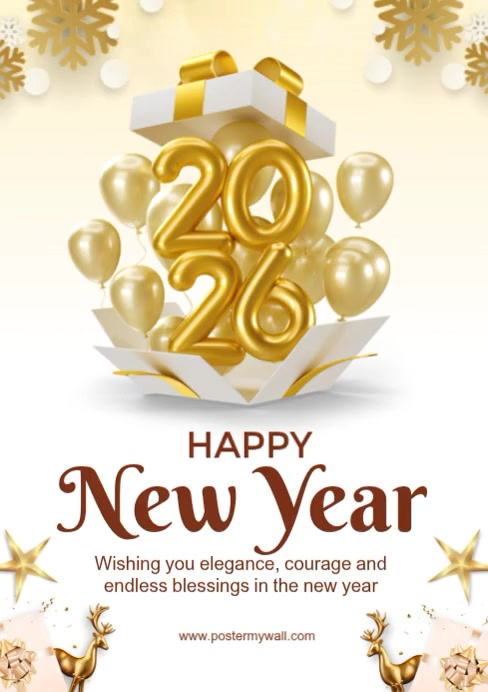 White Joyful Happy New Year 2026 A4 Template | PosterMyWall