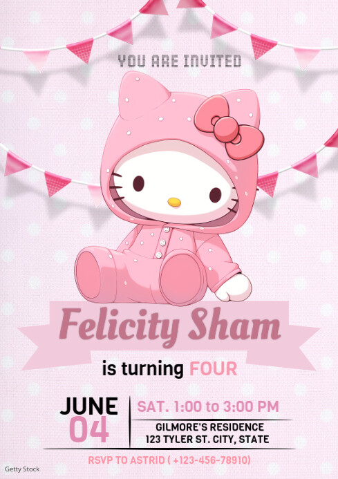 White Joyful Hello Kitty Birthday A4 Template | PosterMyWall