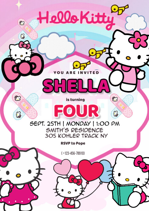 White Joyful Hello Kitty Birthday A4 Template | PosterMyWall