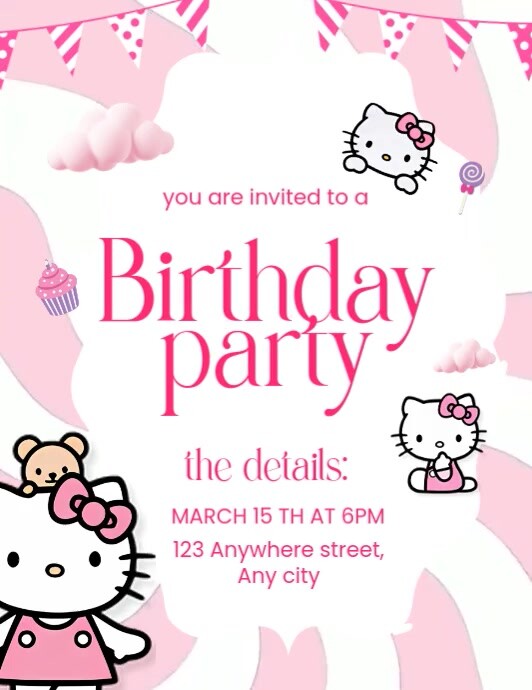 White Joyful Hello Kitty Birthday Invitation Flyer (us Letter) เทมเพลต ...