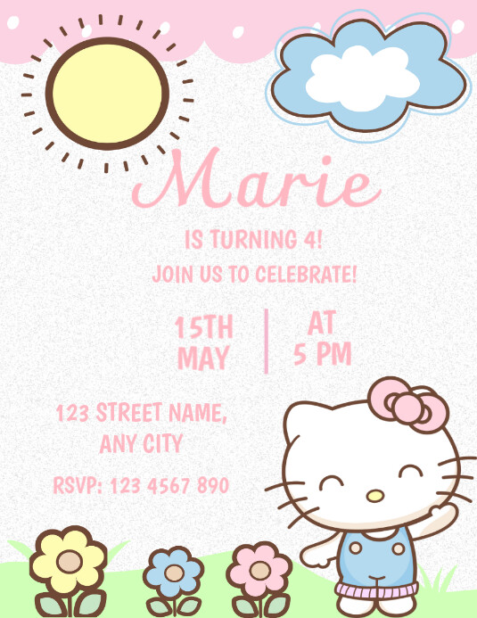 White Joyful Hello Kitty Birthday Invitation Flyer (us Letter) Template ...