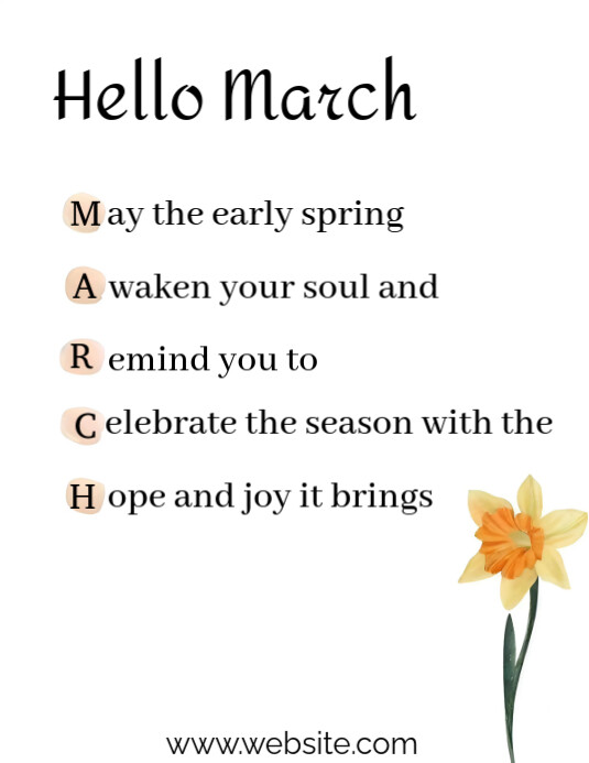 White Joyful Hello March Flyer (us Letter) Template | PosterMyWall