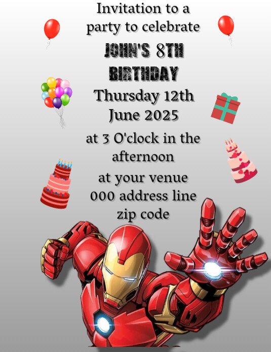White Joyful Iron Man Birthday Bash Invitation Flyer (us Letter ...