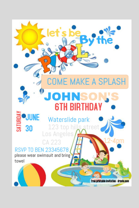 White Joyful Kids Pool Birthday Party Invitation Poster Template ...