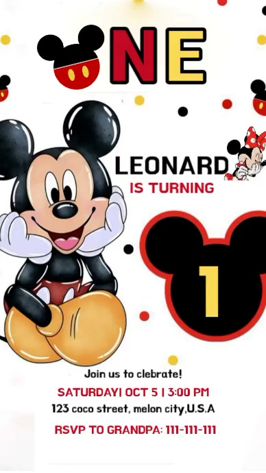 White Joyful Mickey Mouse Birthday Digital Display (9:16) Template ...