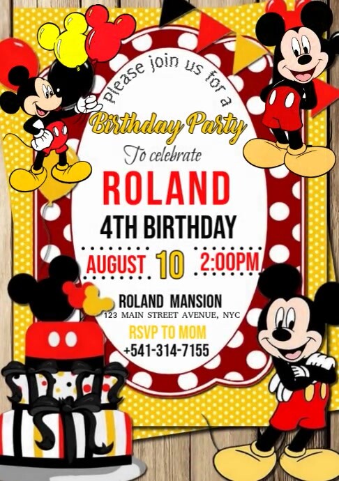 White Joyful Mickey Mouse Birthday Party Flyer A4 Template | PosterMyWall