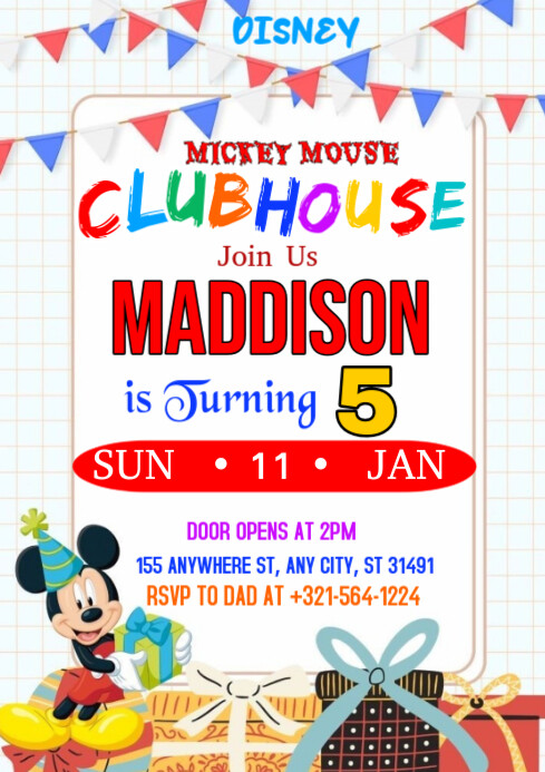 White Joyful Mickey Mouse Clubhouse Birthday Party Invitation Poster A4 ...