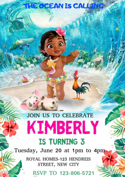 White Joyful Moana Birthday Party Invitation Flyer A4 Template ...